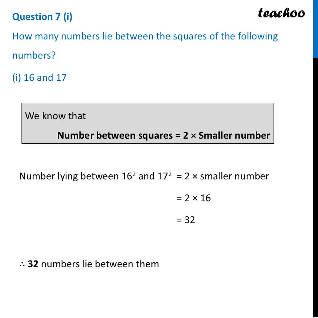 How many numbers lie between the squares of the following numbers?