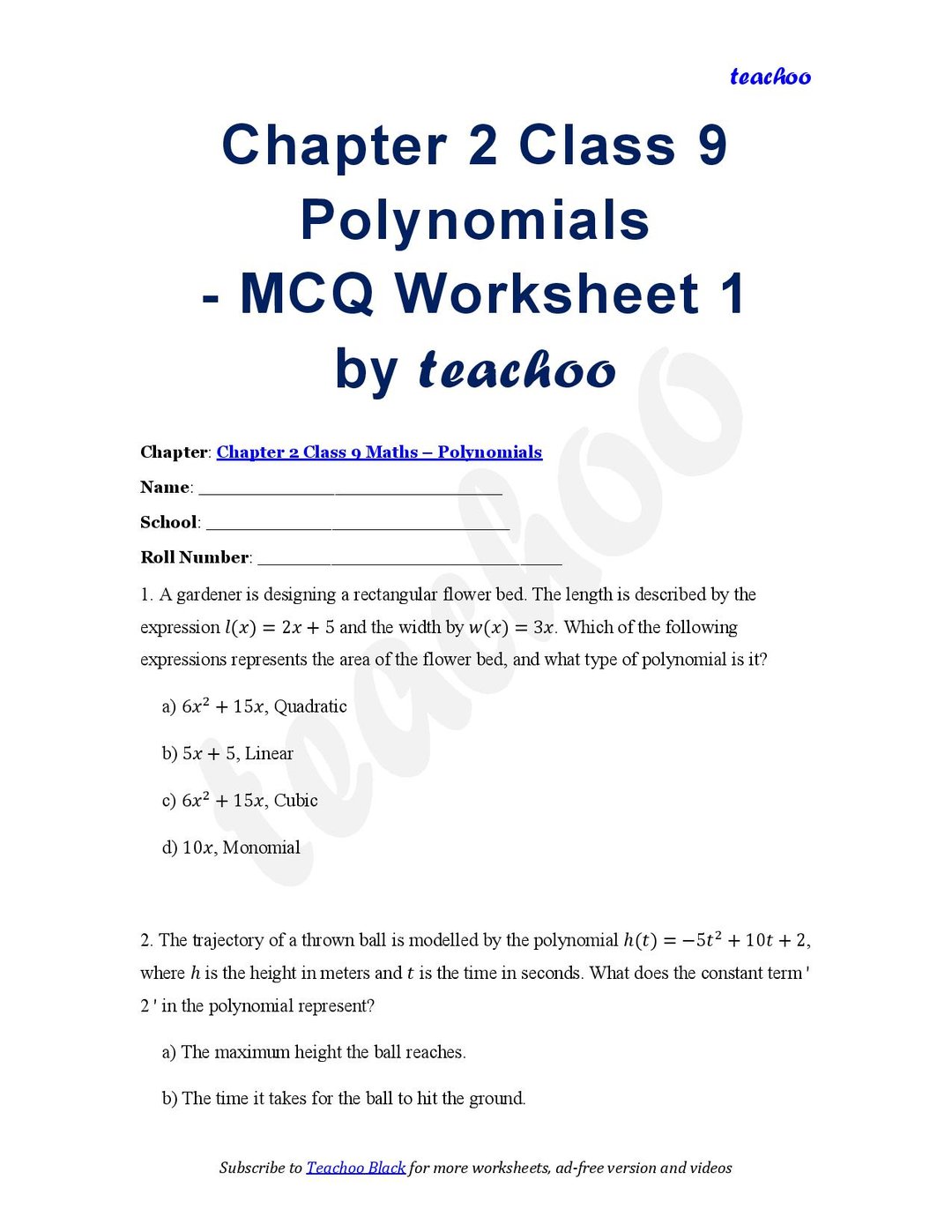 Polynomials MCQs – Download PDF Worksheet - Class 9 (with answer)