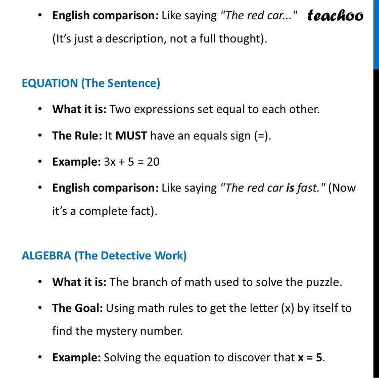 Expression, Equation and Algebra: Definitions and Examples - Teachoo