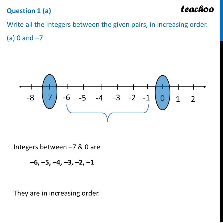 Write all the integers between the given pairs, in increasing order