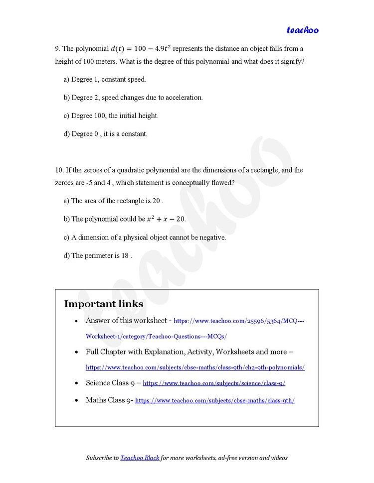 Polynomials MCQs – Download PDF Worksheet - Class 9 (with answer)