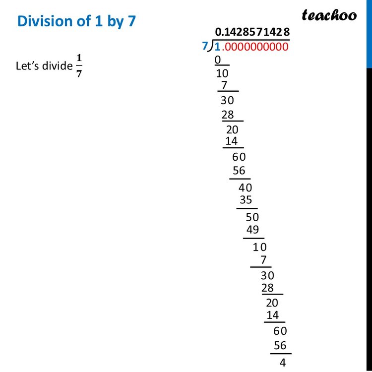 Division of 1 by 7 - Full Division + Remainder + Pattern