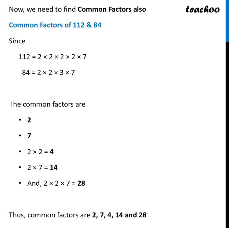 Find the common factors, and the HCF of 112 and 84 [Ganita Prakash]