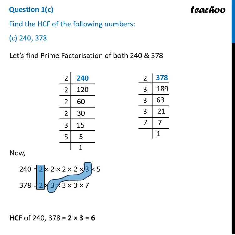 Find the HCF of the numbers (c) 240, 378 [Class 7 Part 2] - Teachoo