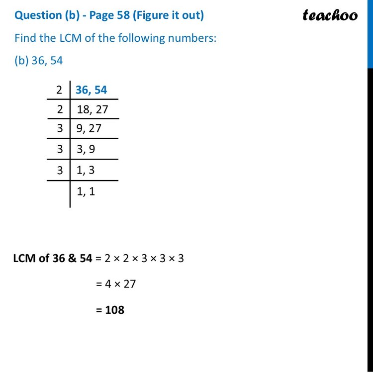 [Class 7 Part 2 Maths] Find the LCM of the following numbers: 36, 54