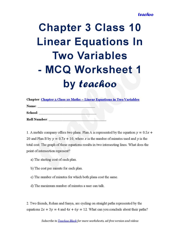 Linear Equation in 2 variables MCQs – Download PDF Worksheet Class 10