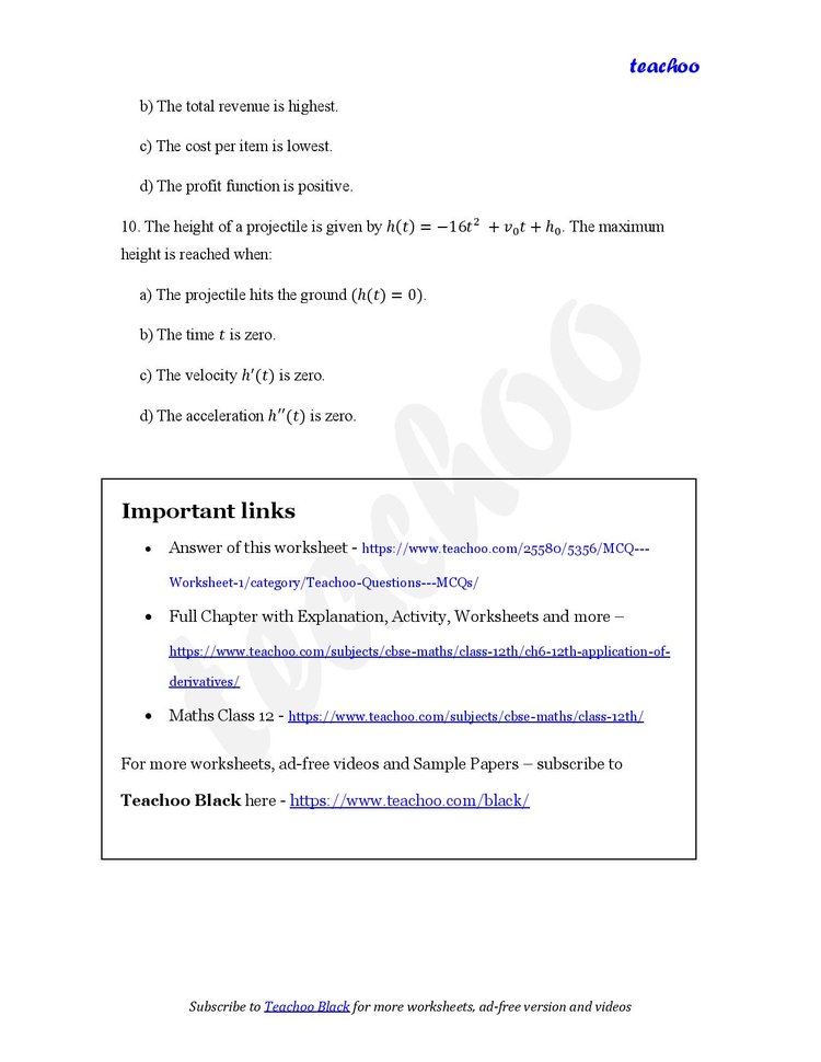 Application of Derivatives MCQs – Download PDF Worksheet for Class 12
