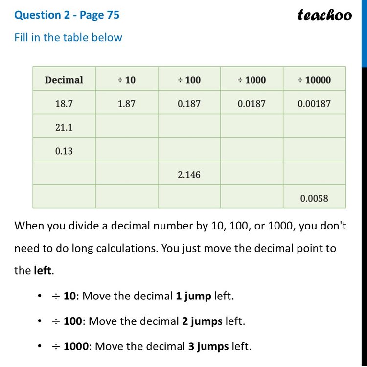 [Maths] Fill in the table below: Decimal /10, /100, /1000, /10000,