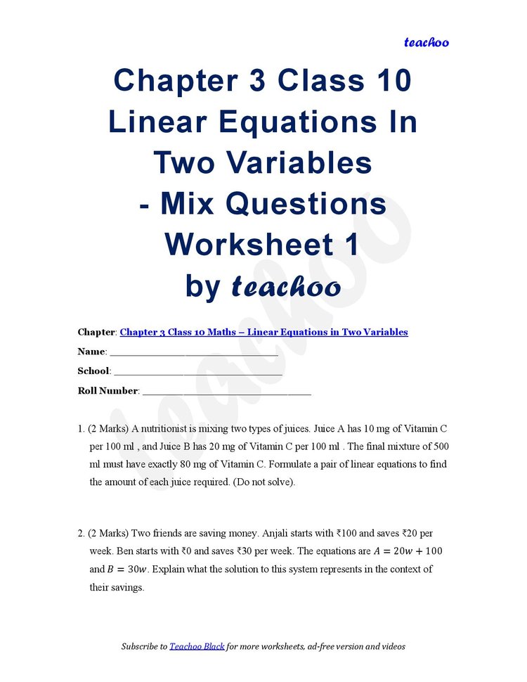 Linear Equation in 2 variables - Practice Questions (Download PDF)