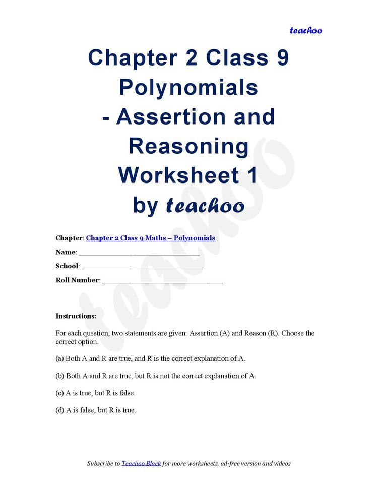 Assertion Reasoning Questions – Download PDF - Polynomials Class 9