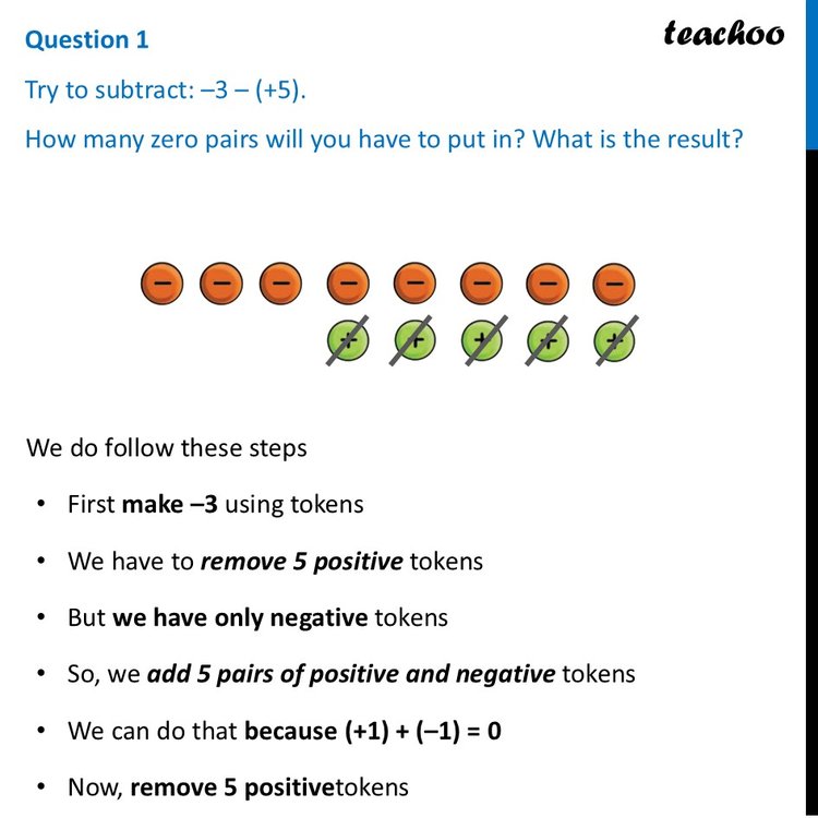 Try to subtract: –3 – (+5). How many zero pairs will you have to put