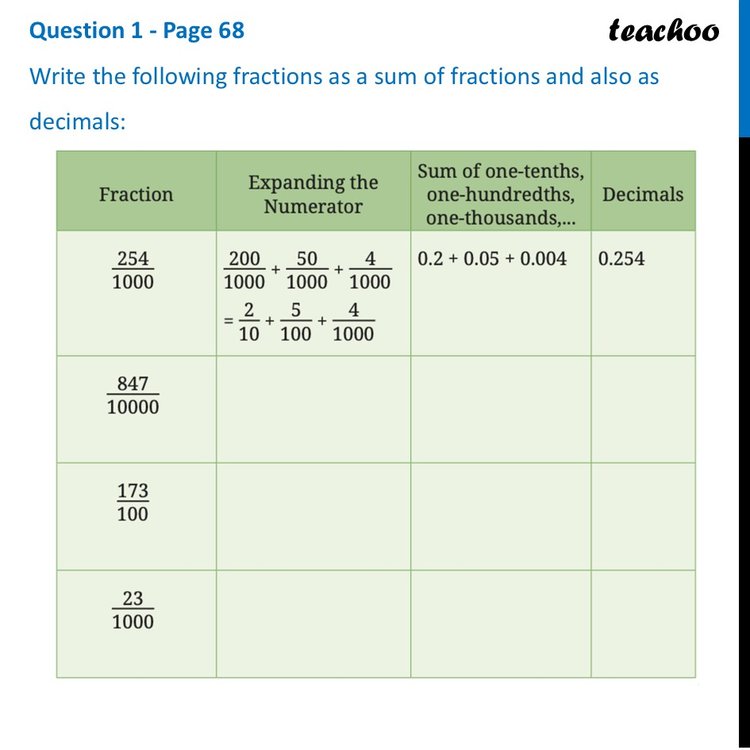Write the fractions as a sum of fractions and also as decimals: