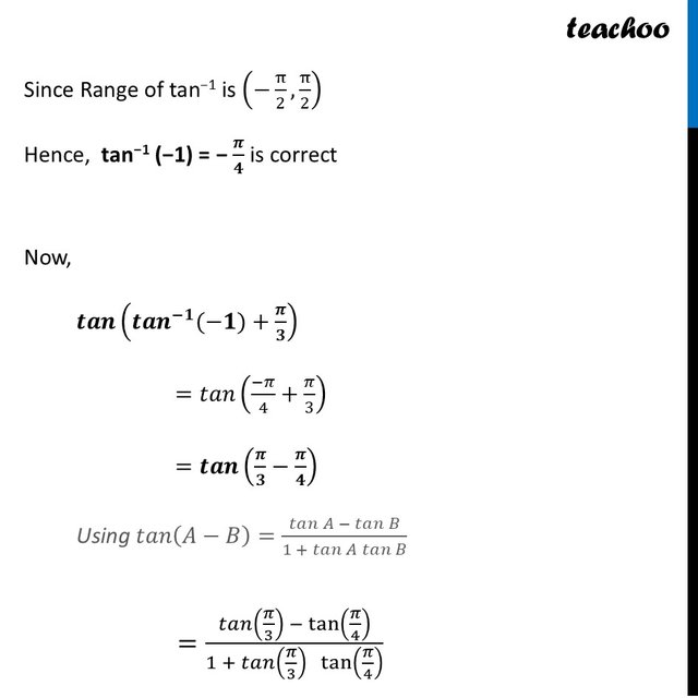 [SQP 2026] Evaluate tan(tan^(−1) (−1)+𝜋/3) - Sample Paper Class 12