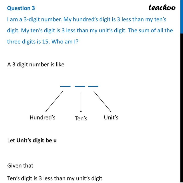 I am a 3-digit number. My hundred’s digit is 3 less than my ten’s