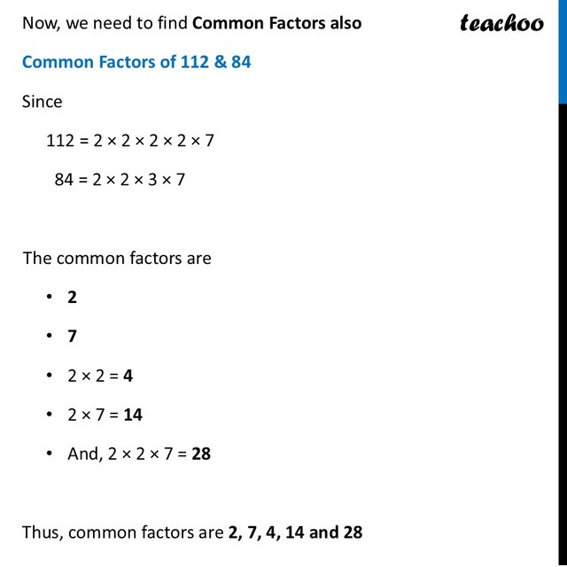 Find the common factors, and the HCF of 112 and 84 [Ganita Prakash]