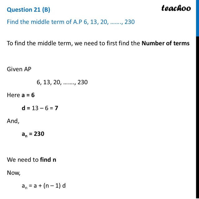 [Sample Paper Class 10] Find the middle term of A.P 6,13, 20, ……., 230