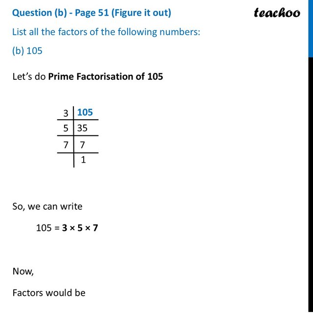 [Class 7 Maths ] List all the factors of the numbers (b) 105 - Teachoo