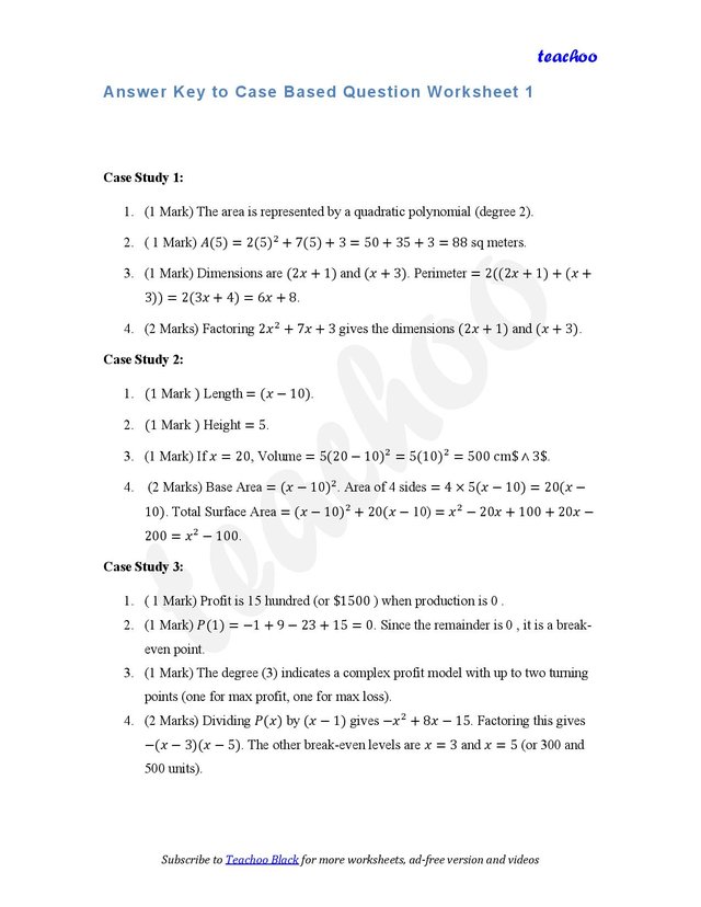 Polynomials Class 9 - Case Based Questions Worksheet - Download PDF